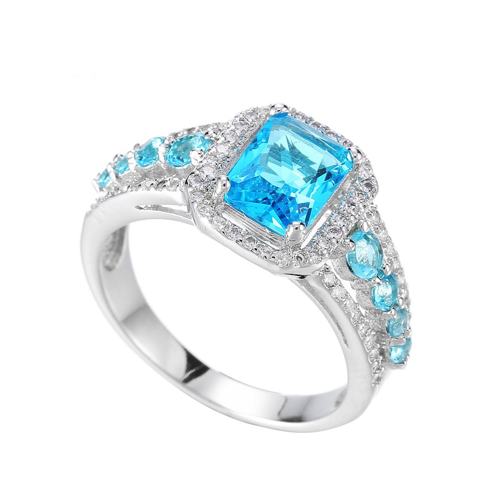 Czjewelry White Gold Plated Sky Blue Princess Cut Cz Stone Engagement Ring | Wedding Bands for Women