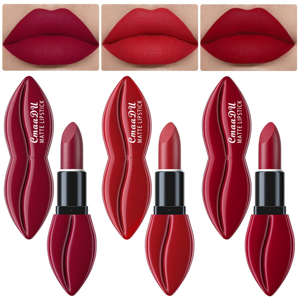 evpct 3Pcs Dark Deep Ruby Light Bright Red Matte Velvet Lipstick Set Long Lasting Smudge Proof Lip Stick Packs Matte Lipstick Lip Stain Makeup Set for Women labiales matte larga duracion 24 01#02#10#