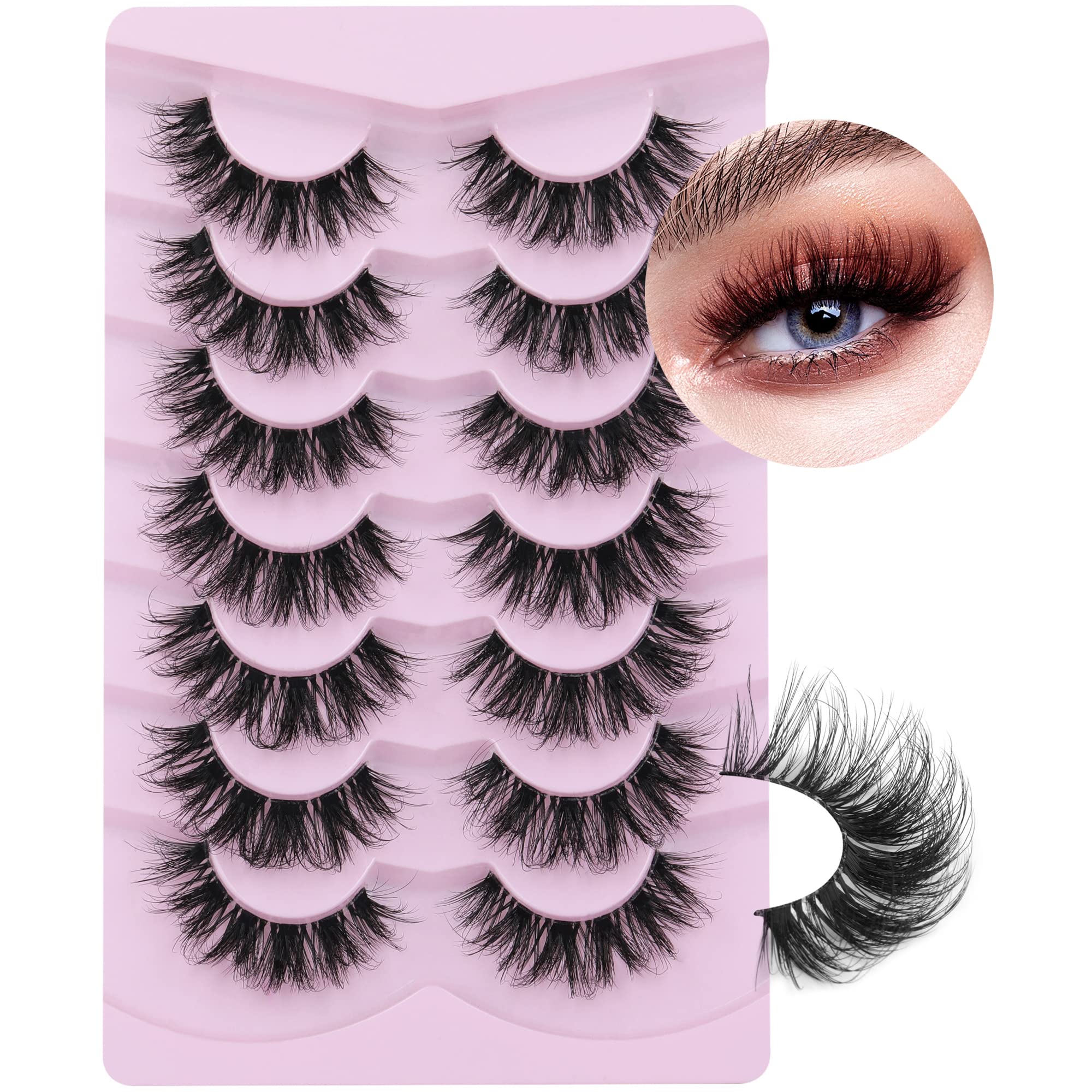 False Eyelashes Wispy Mink Lashes Fluffy Cat Eye Lashes Natural Look 7 Pairs D Curl Clear Band Fake Eyelashes Pack by EYDEVRO