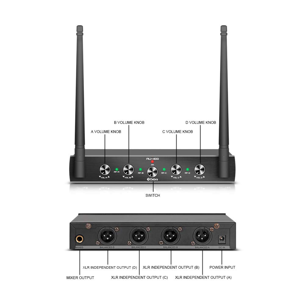 D Debra Audio Wireless Microphone System Pro DU4004 UHF 4 * 16 Adjustable Channel Wireless Handheld Lavalier Headset Mics, Ideal for Meeting Church Speech Party (2-Handheld & 2-Bodypack)