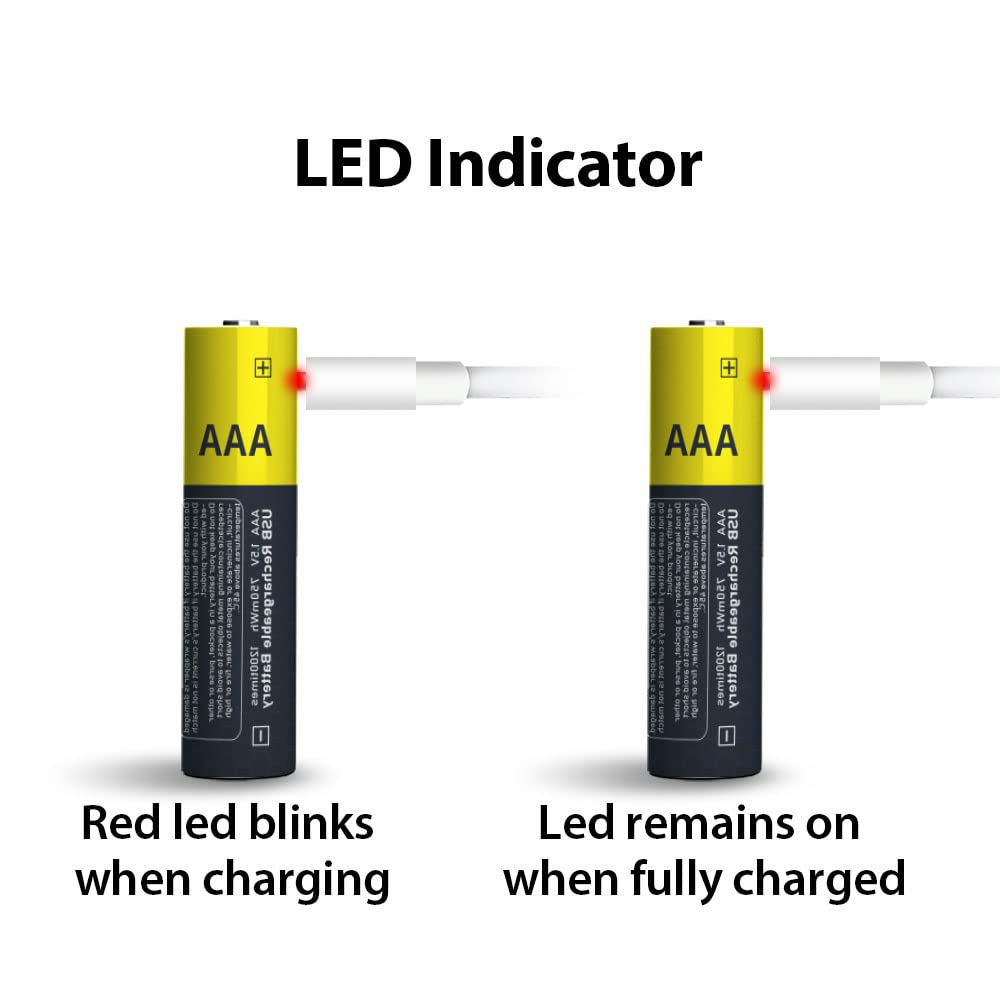 Type-C Lithium Rechargeable Batteries AAA, 1.5V USB Li-Ion AA Battery, Rechargeable, 750mWh with Type C Charging Cable, Quick Charge in 2 Hours, (Pack of 4) (4AAA)