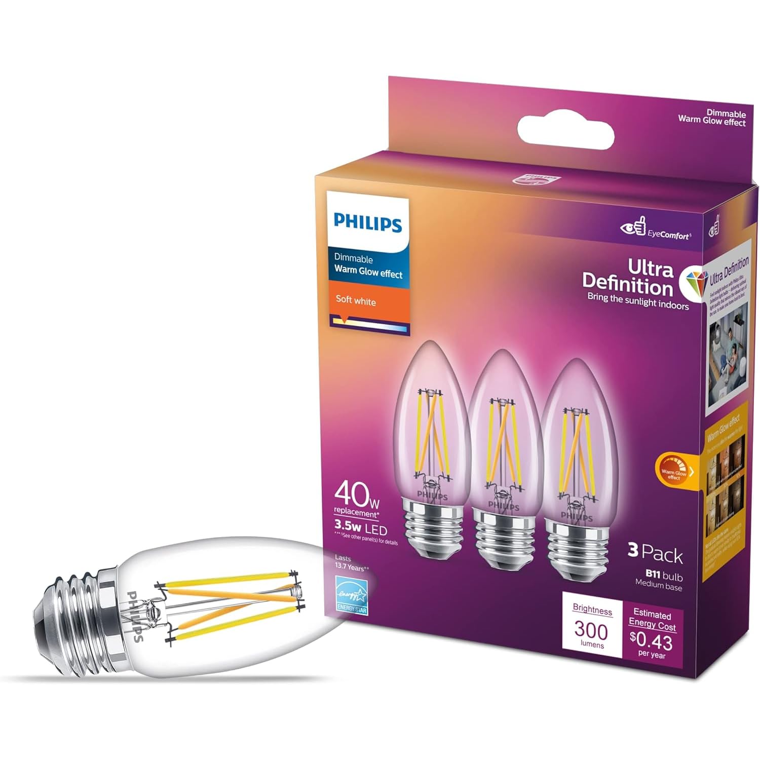 PHILIPS 3.5-Watt Equivalent B11 Ultra Definition Dimmable E12 LED Light Bulb Soft White 2,700K (9-Pack)