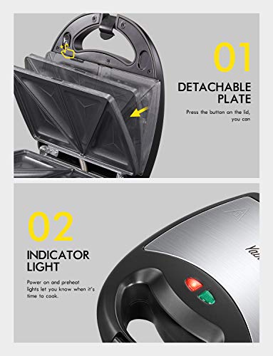 Yabano Sandwich Maker, Waffle Maker, Toaster and Electric Panini Press Grill with Non-stick Coating Plate, Easy to Clean, Heating Up Fast, Black