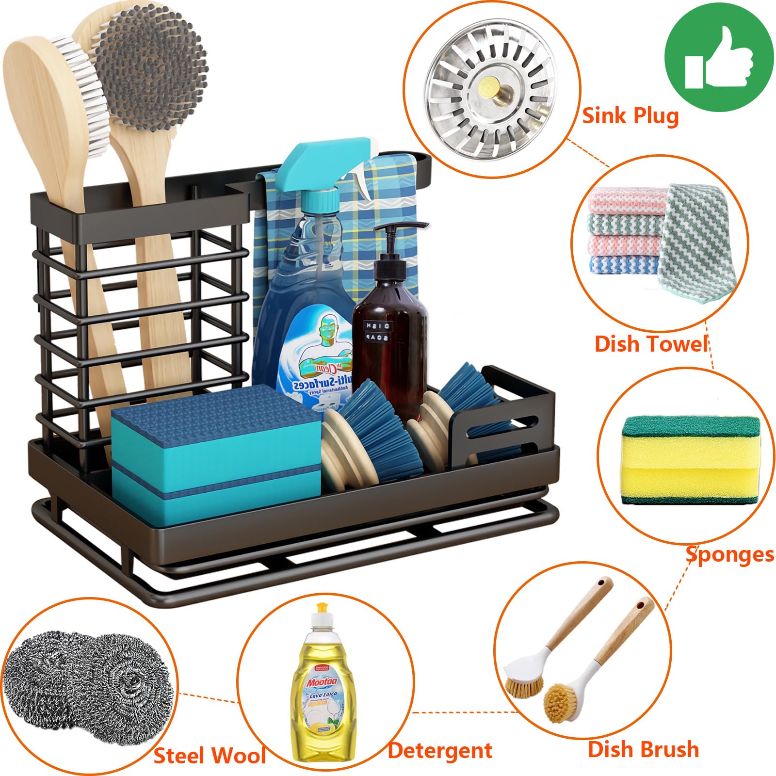 CIT ZCFYU Kitchen Sink Caddy Sponge Holder, Sink Caddy Kitchen Sink Organizer Stainless Steel, Dish Sponge Holder with Dishcloth Rack, Removable Drain Tray for Sponge, Gifts for Women & Men, Black