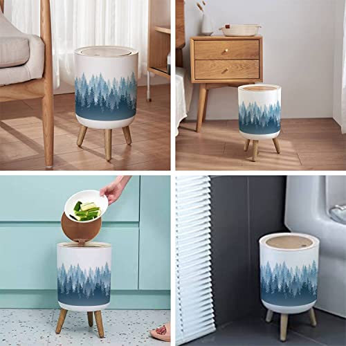 Small Trash Can with Lid for Bathroom Kitchen Office Diaper misty forest landscape detailed blue silhouettes coniferous trees Bedroom Garbage Trash Bin Dog Proof Waste Basket Cute Decorative