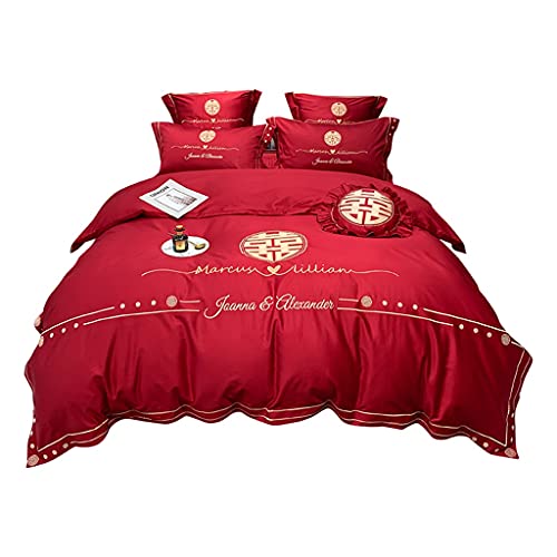 OQHAIR 60 Long-Staple Cotton Double Happiness Embroidered Four-Piece Set Red Cotton Duvet Cover Bed Cover Wedding Simple Bedding (Color : B 5-Piece Suit, Size : 1.5m) (A 5 Piece Suit)