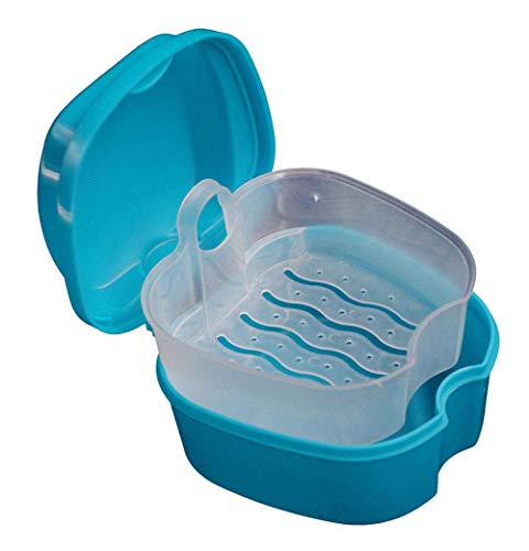 KISEER Denture Bath Case Cup Box Holder Storage Soak Container with Strainer Basket for Travel Cleaning (Light Blue)