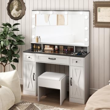 Vabches Vanity Desk with Mirror and Lights,Glass Top,Makeup Vanity Table Set with Stool,Charging Station and 3 Lighting Modes,2 Cabinets 4 Drawers Dressing Table,White