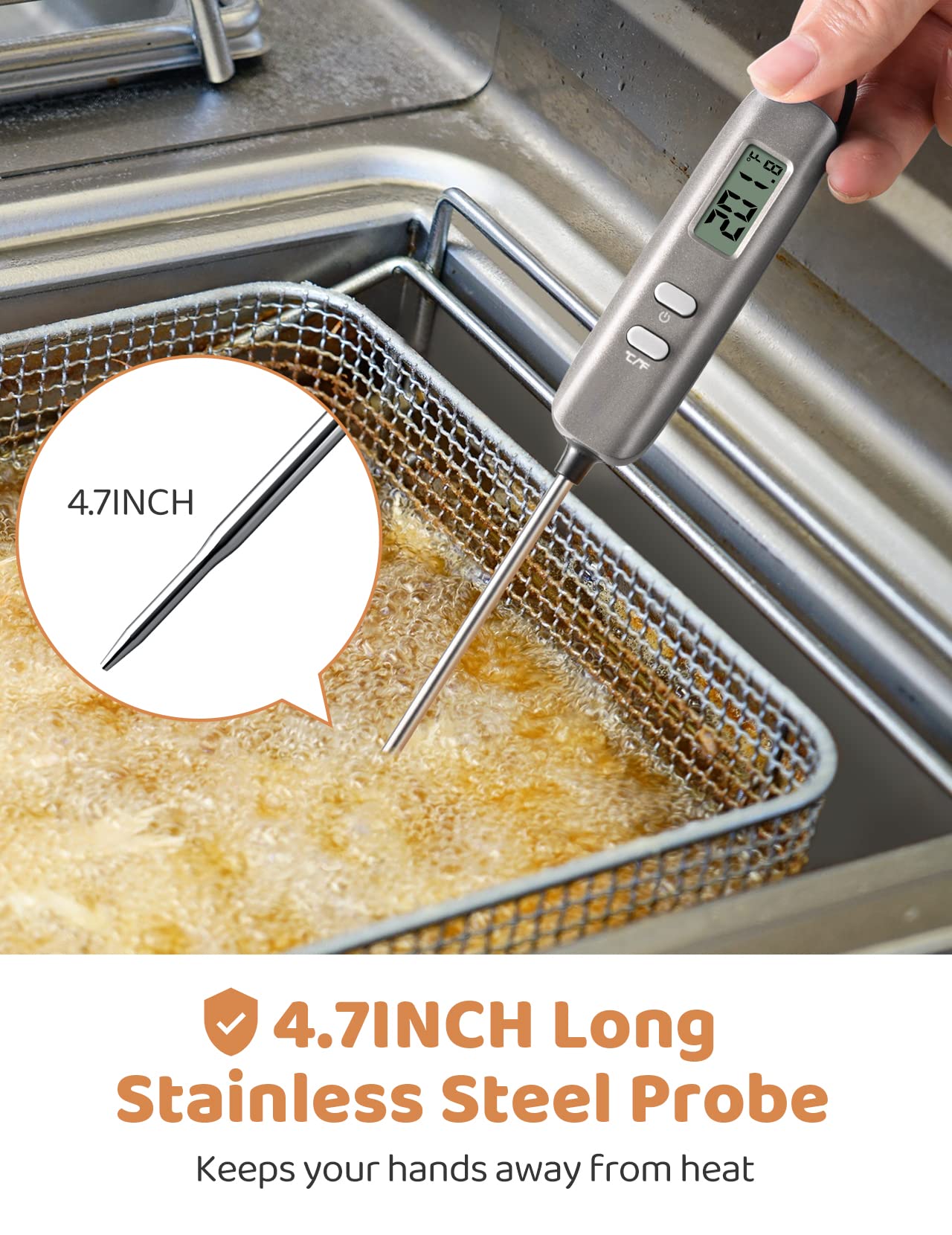 Digital Meat Thermometer, Candy Thermometer for Cooking, Instant Read Food Thermometer with 4.7 Inch Long Probe, Kitchen Thermometer with Protect Sheath Auto-shutoff for Turkey Grill Oven BBQ Smoker