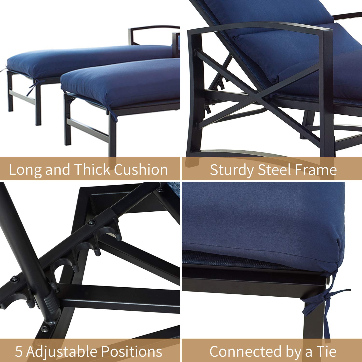 PatioFestival Patio Chaise Lounge Outdoor Adjustable Back Cushioned Chairs All Weather Steel Frame Lounger with Blue Pillow(2Pcs)