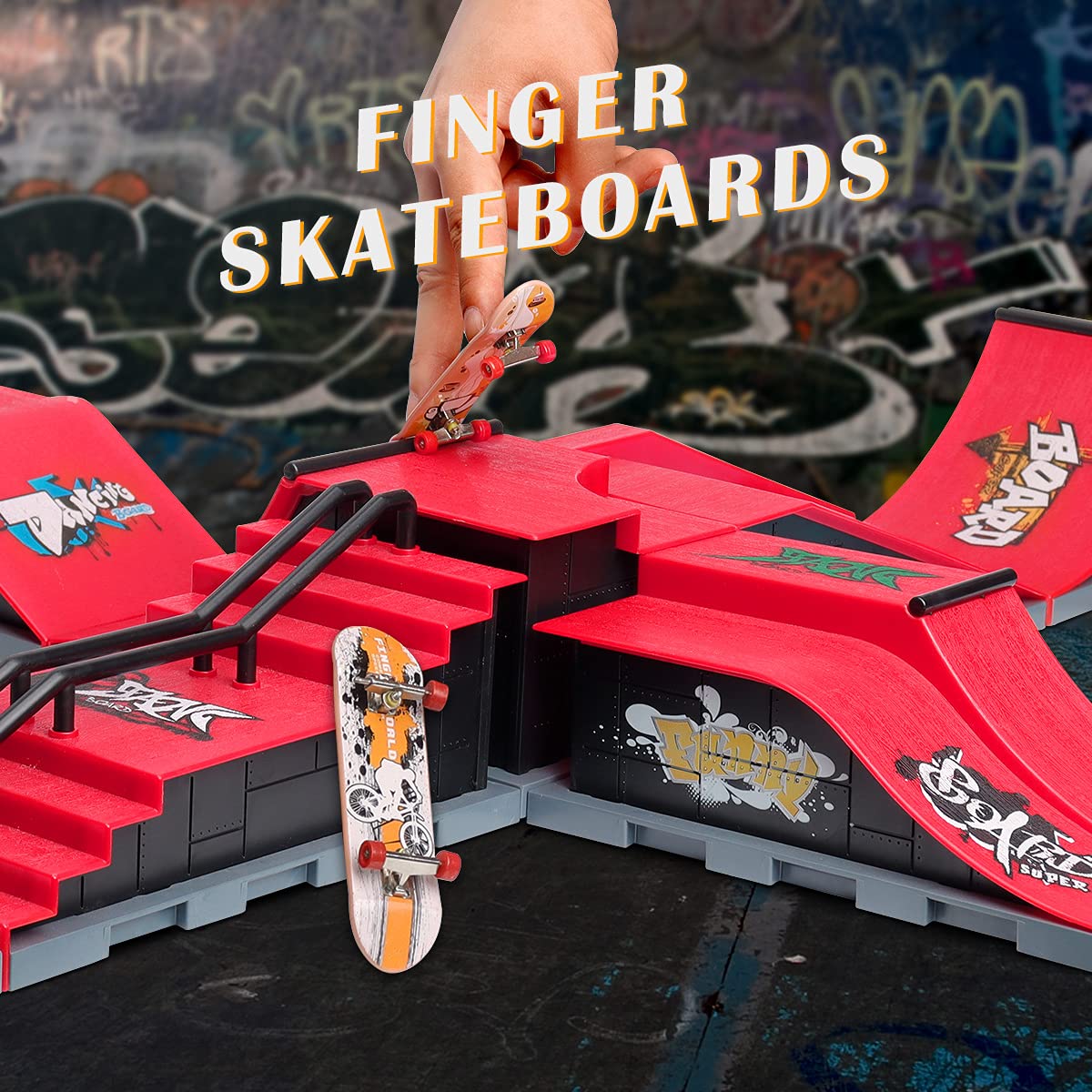 MOMSIV KETIEE Finger Skateboard Park Ramp Toys Mini Fingerboard Skate Rail Set, Half Pipe Finger Skateboards Kit, Ultimate Skateparks Training Props for Kids & Adult (Style A)