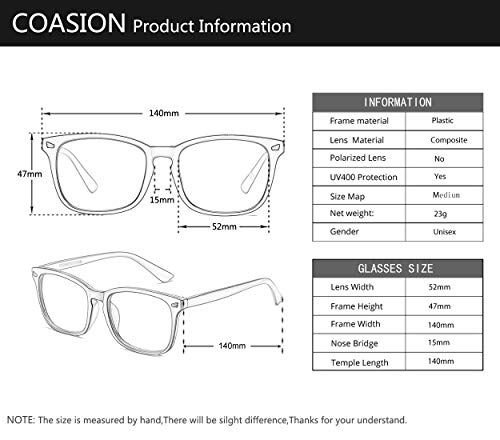 COASION Clear Glasses for Women Men Square Frame Fake Non-prescription Eyeglasses (Transparent)