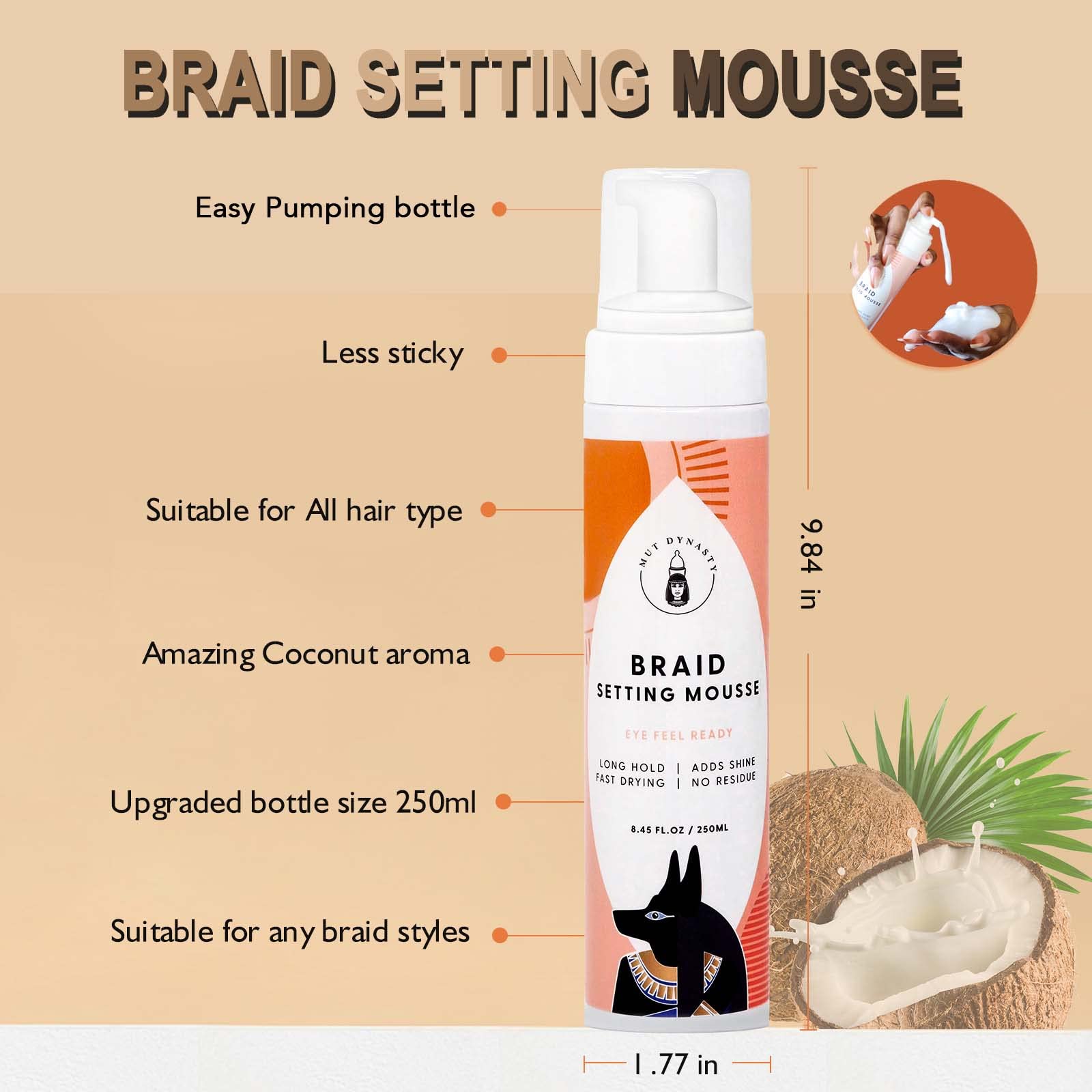 Mut Dynasty Moose Hair Setting Lotion Foam for Box Braids and Long-Lasting Hold - Professional Braiding Sealer Mousse for Black Women, 8.4oz/250ml