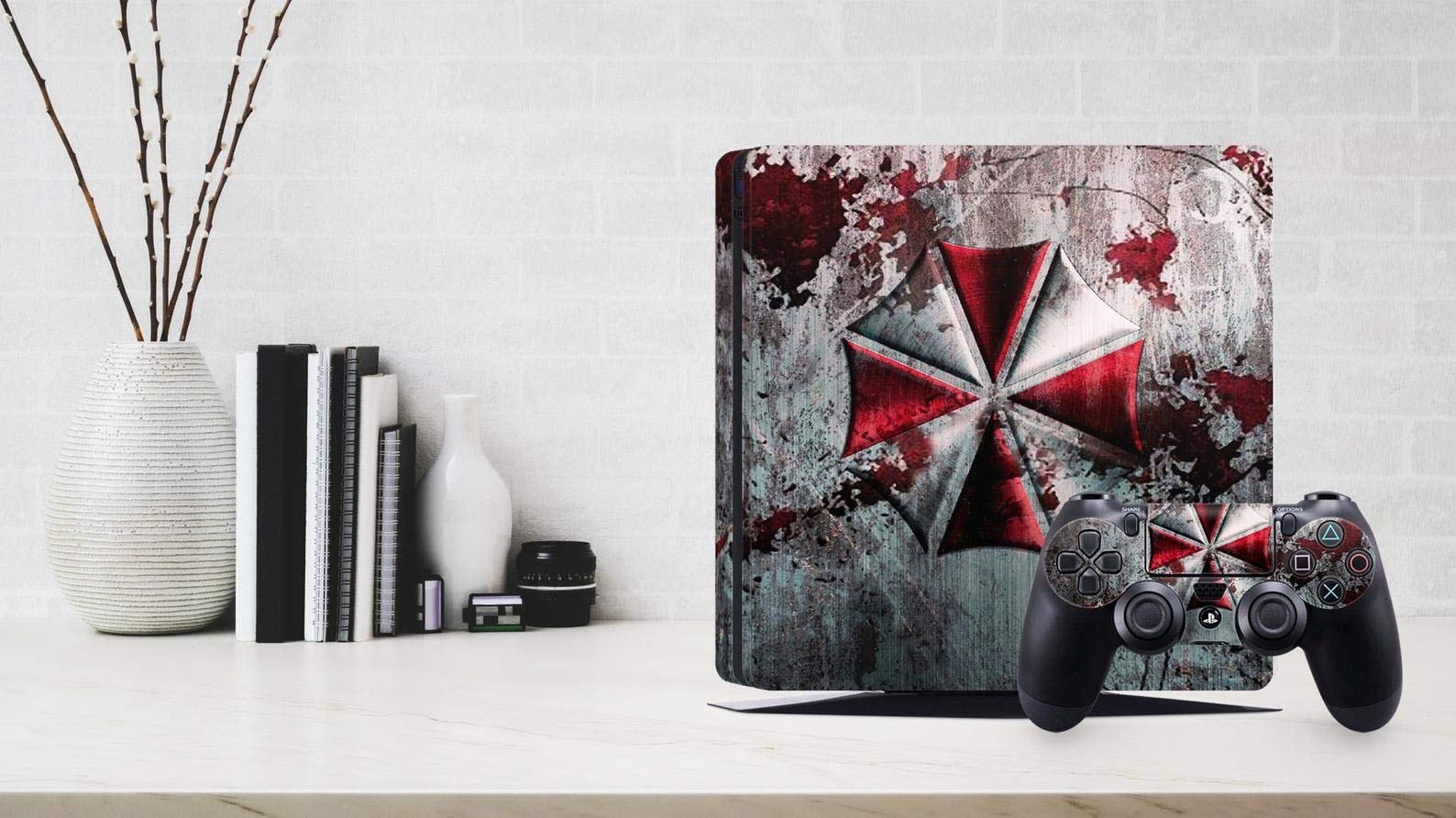 ZOOMHITSKINS Compatible with PS4 Slim Skin, Resident Umbrella Silver Red Nightmare, Durable & Fit, 3M Vinyl, Made in The USA