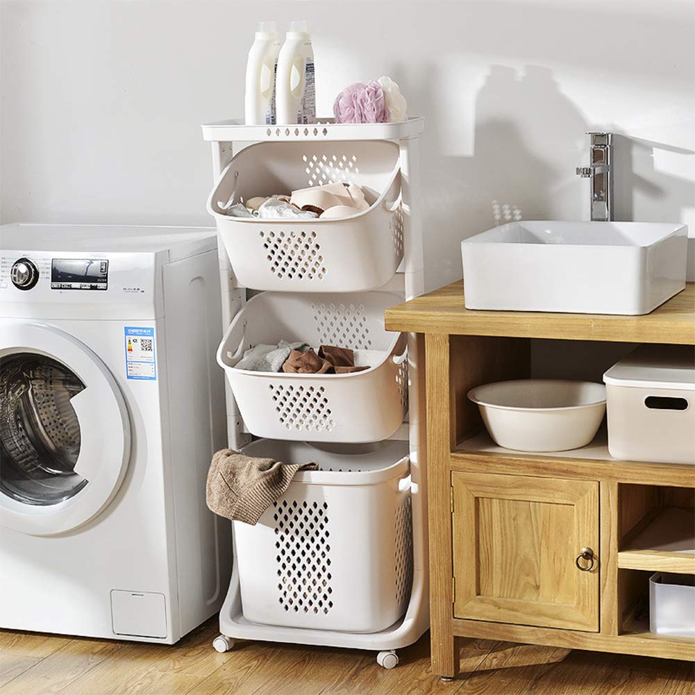 Multipurpose Sorter Basket ,3-Tier Laundry Basket with Wheel Rolling Laundry Sorter Hamper for Kitchen Bedroom Baedroom Bathroom ,Tier Basket Stand with 6 Side Hooks Storage Shelf