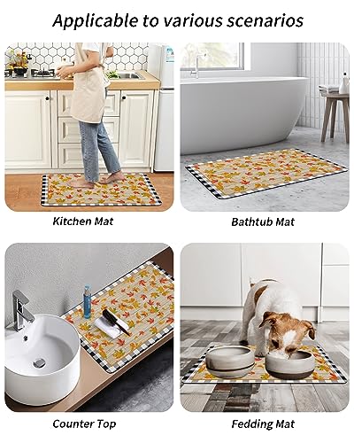 Orange Maple Leaf Bath Mat for Tub,Non Slip Bathroom Floor Runner Rug Quick Dry & Absorbent Diatomaceous Earth Kitchen Shower Sink Washable Doormat,Autumn Fall Leaves Rustic Black White Plaid 20"x32"