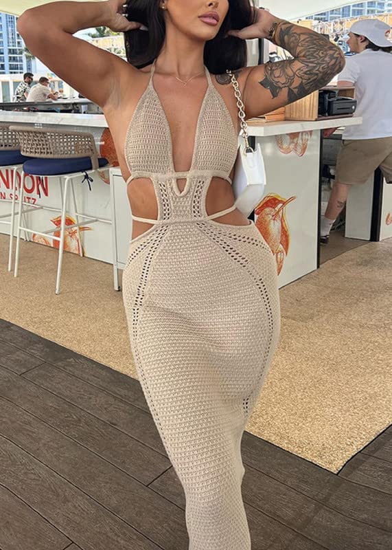 NUFIWI Sleeveless Backless Maxi Dress Open Back Slim Fit Long Dress Cut Out Bodycon Cocktail Dress Going Out Wear