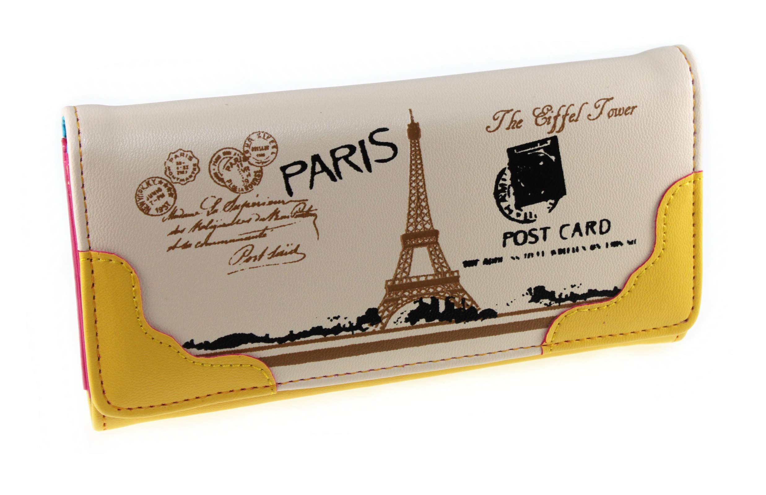 Vintage Style PU Leather Cute Paris Effiel Tower Cartoon Trifold Wallet Cash Coin Long Purse Card Holder for Women & Girls (Yellow)