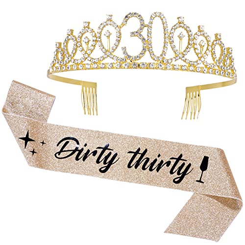 JunyRuny 30th Birthday Sash & Tiara Set, Happy Birthday Decorations for Women, 30th Birthday Gifts for Her, Happy Dirty 30 Birthday crown, Supplies (Gold Dirty Thirty)