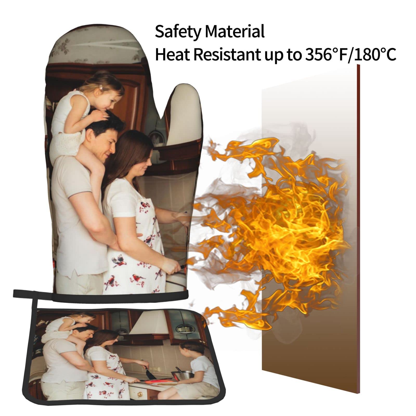 Custom Oven Mitts and Pot Holders Sets with Image Text Personalized Heat Resistance Cooking Gloves & Pot Cover Kitchen Gifts for Men Women Cooking Baking BBQ Grilling