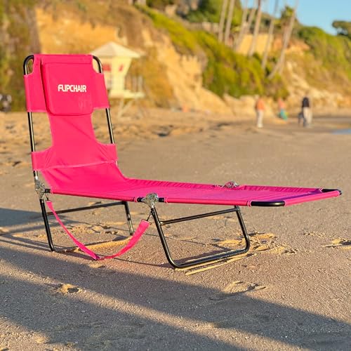 Face Down Tanning Chaise Lounge Chair - Face & Arm Holes - 2 Legs Support - Polyester Material β Backrest Positions - Head Rest Pillow - Beach or Home Use - Read and Tan - Pink Stripes Pattern