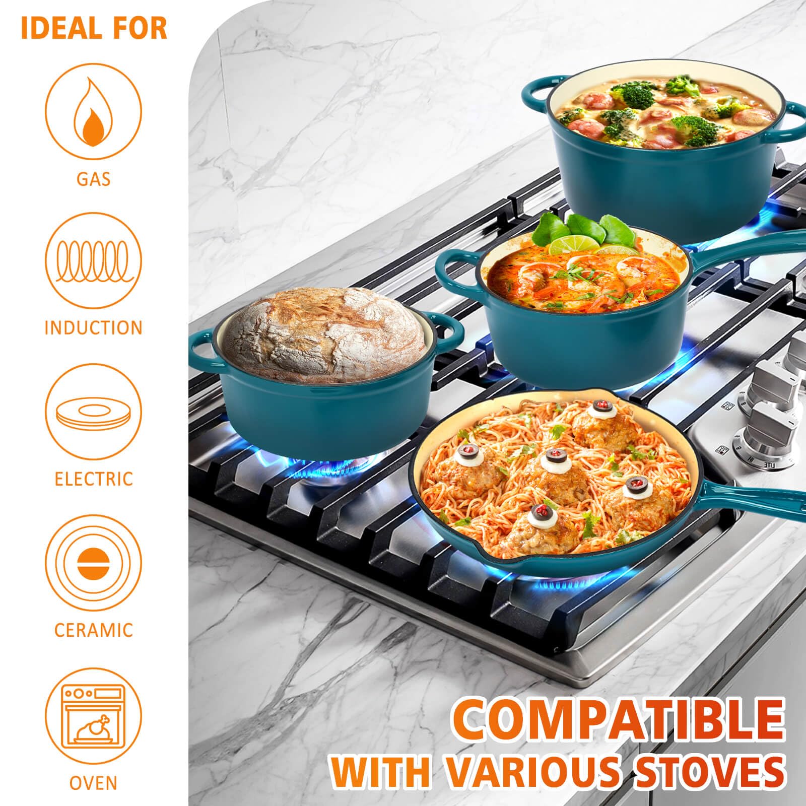 Enameled Cast Iron Cookware Set, 7 Piece Set of Dutch Ovens, Sauce Pan, Skillet, 3 Lids, Dutch Oven Set, Nonstick Ceramic Coated, Gas/Induction Compatible, PFA Free, Come with Organizer, Biscay Blue