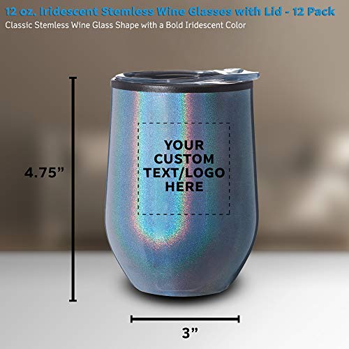 Custom Palmera Stemless Wine Tumblers with Lids 12 oz. Set of 12, Personalized Bulk Pack - Perfect for Wine, Cocktails, Other Hot & Cold Beverages - Iridescent Blue