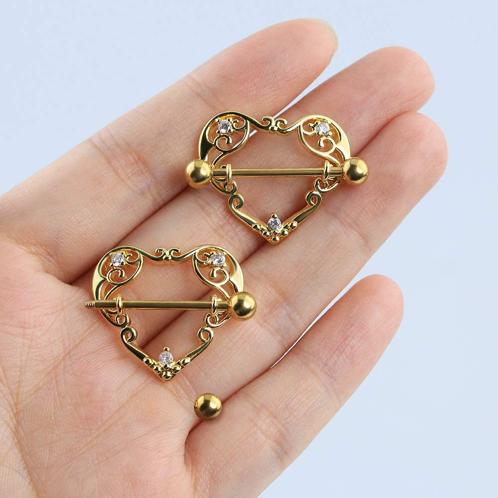 COCHARM 2pcs Heart Nipple Rings Gold for Women 14G Surgical Steel Nipple Piercing Nipple Shield CZ Nipple Barbell
