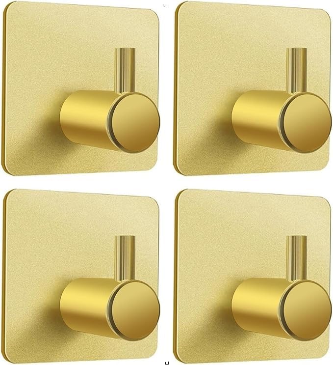 Generic 4 Packs Adhesive Towel Hooks Wall Hooks for Bathroom, Kitchen, Adhesive, No Drill, Stainless Steel,, Gold, BSM0129