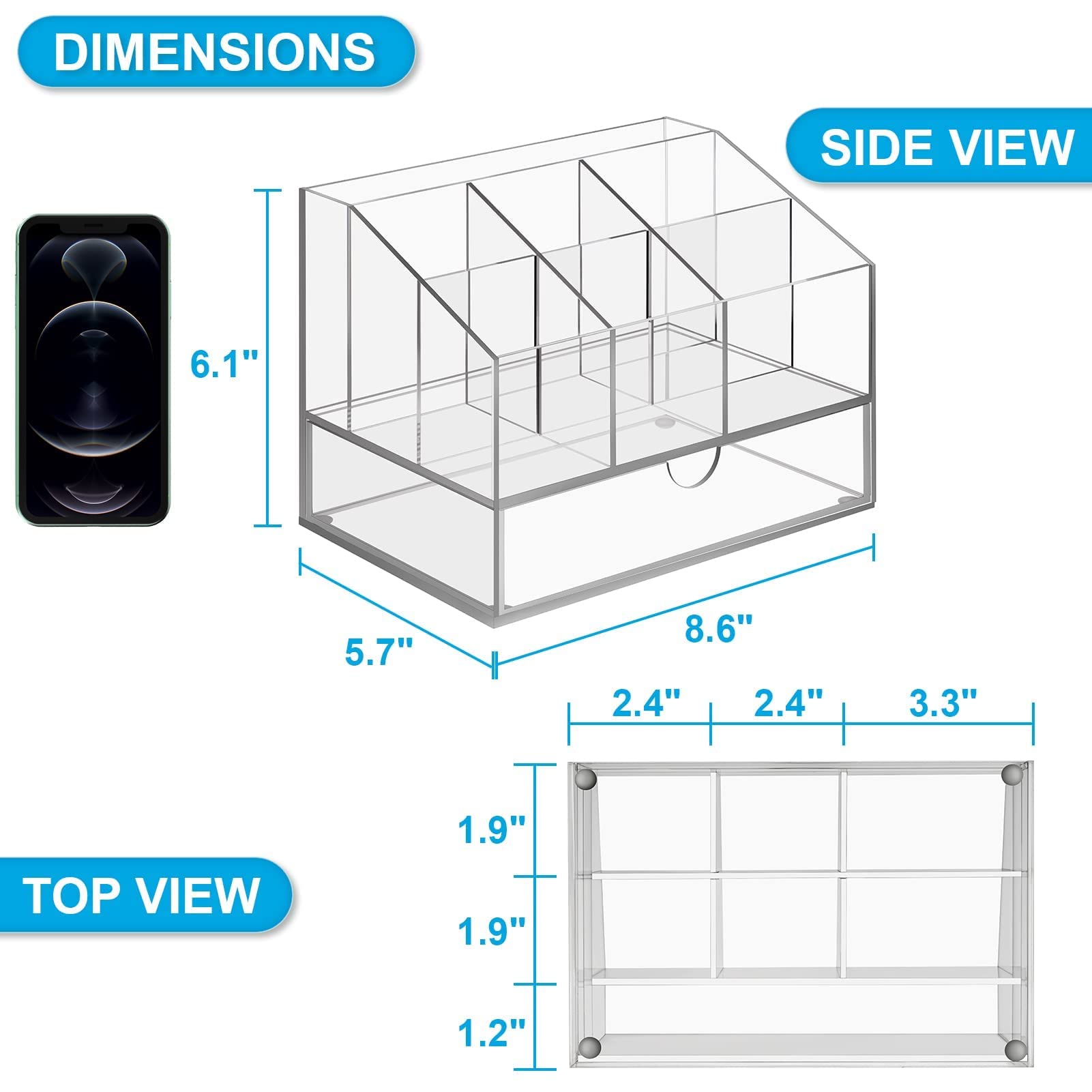 VITVITI Acrylic Desk Organizer, Upgraded Clear Pencil Organizer for Desk, 7 Compartments Stationary Pen Organizer Storage with Drawer, for Office Supply, 500+ Pencils Capacity
