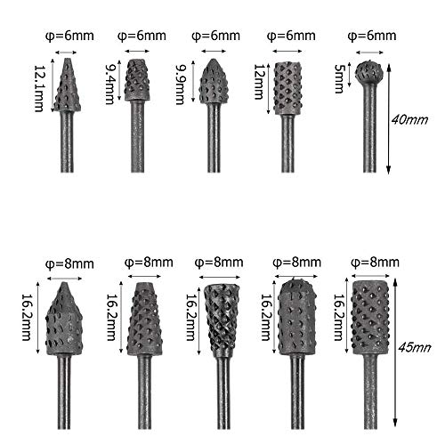 Eyech 10pc 1/8''(3mm) Shank Carbon Steel Rotary Burr Rasp Set Wood Carving File Rasp Drill Bits for DIY Woodworking Wood Carving Polishing Grinding Engraving