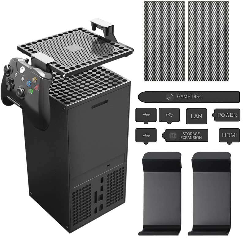 Dust Cover Case for Xbox Series X with 2 Headset/Controller Holder,Cenxaki 2 Pcs High Density Filter and 8Pcs Silicone Dust Plugs Compatible with Xbox Series X