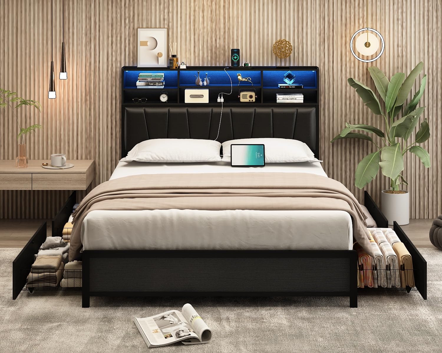Hlivelood Full LED Bed Frame with Storage Headboard & 4 Drawers, Metal Platform Bed Frame with Charging Station, Bookcase Storage, No Box Spring Needed, Easy Assembly, Black