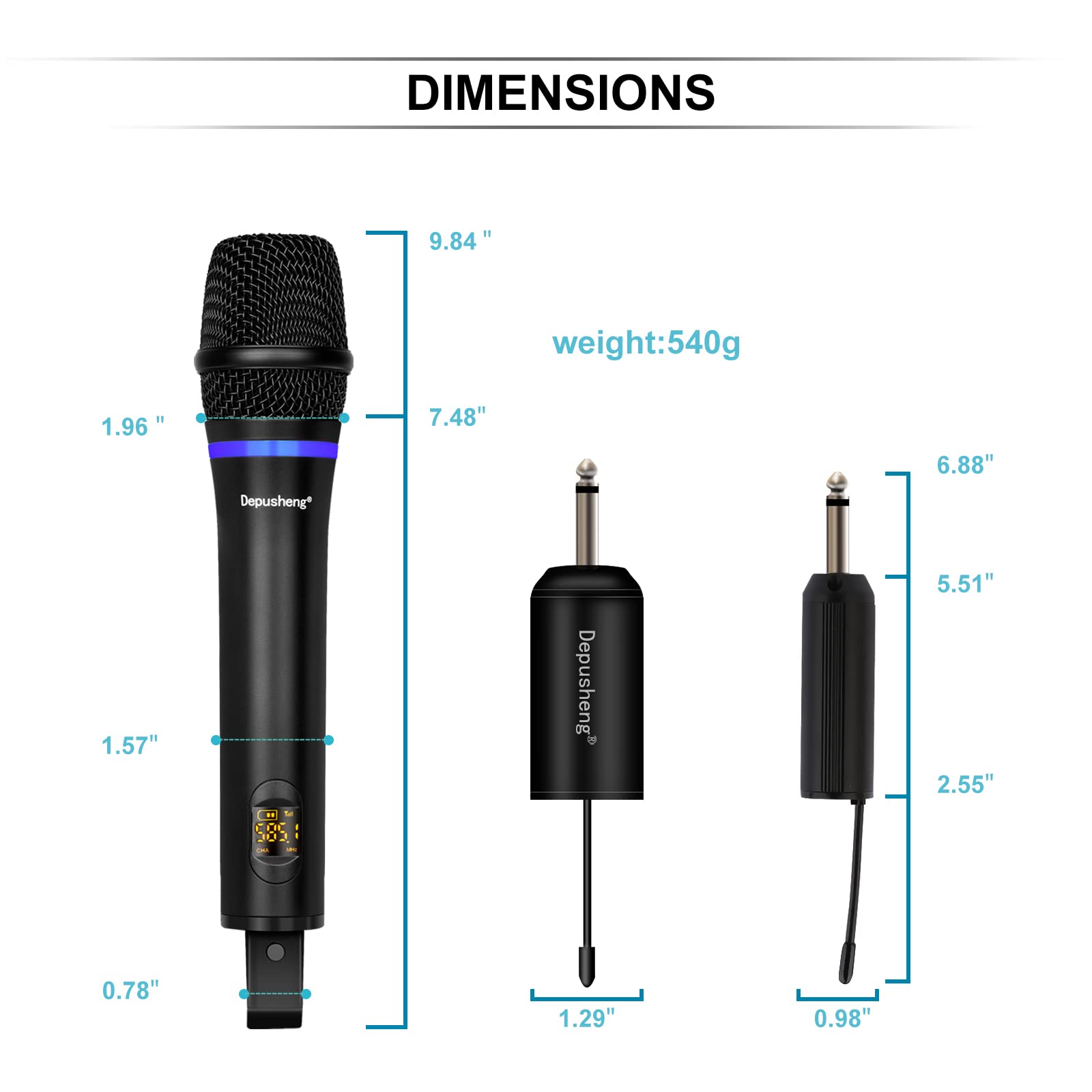 Depusheng Wireless Microphone, UHF Metal Dynamic Handheld Karaoke Mic with Rechargeable Receiver, 1/4”&1/8” Output, for Karaoke Singing, Wedding, DJ, Party, Speech, Church, Class Use W7, Black