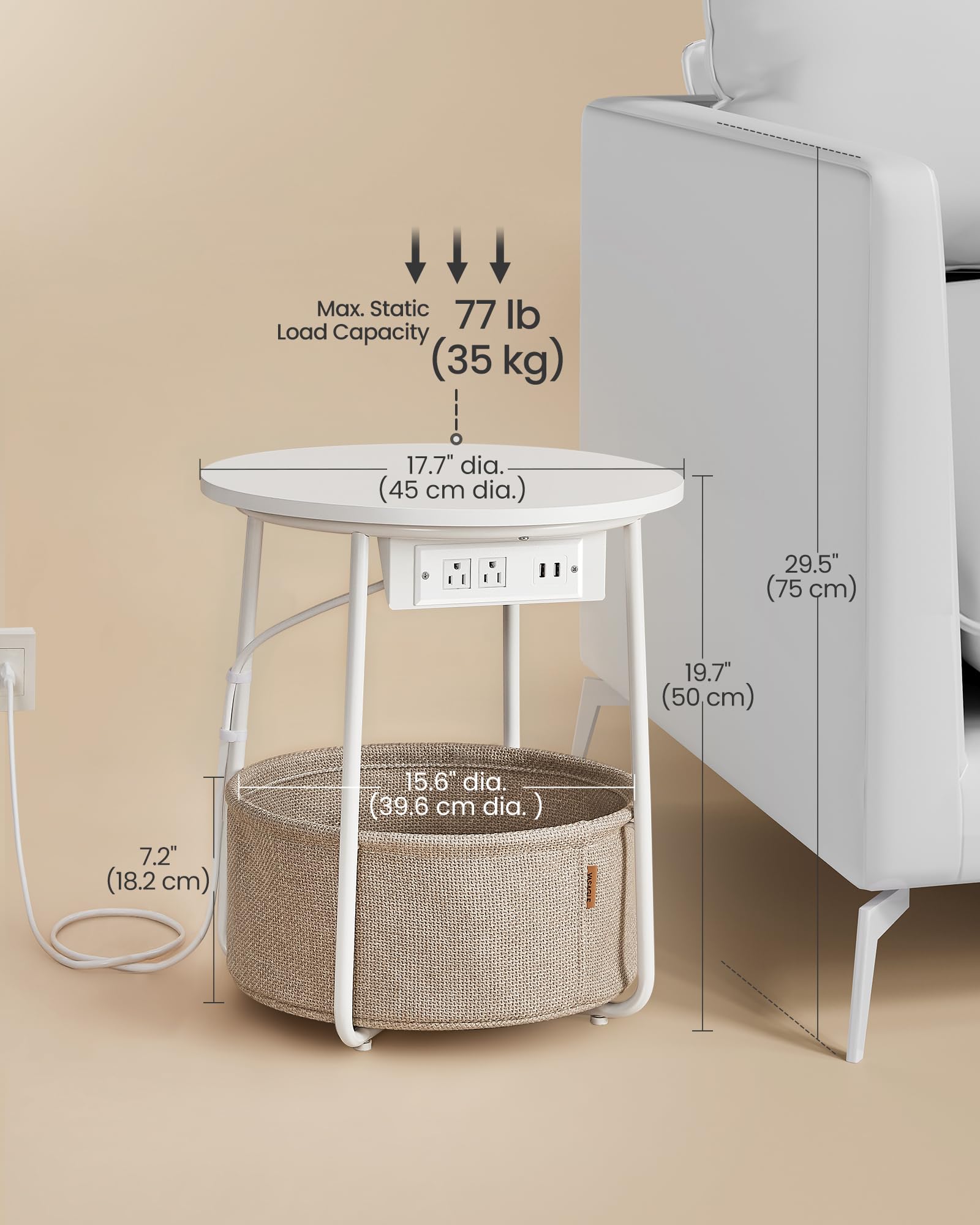 VASAGLE Side Table with Charging Station, Round End Table With Fabric Basket, Nightstand with Power Outlets USB Ports, for Living Room, Bedroom, Modern, Matte White and Camel Brown ULET228W01