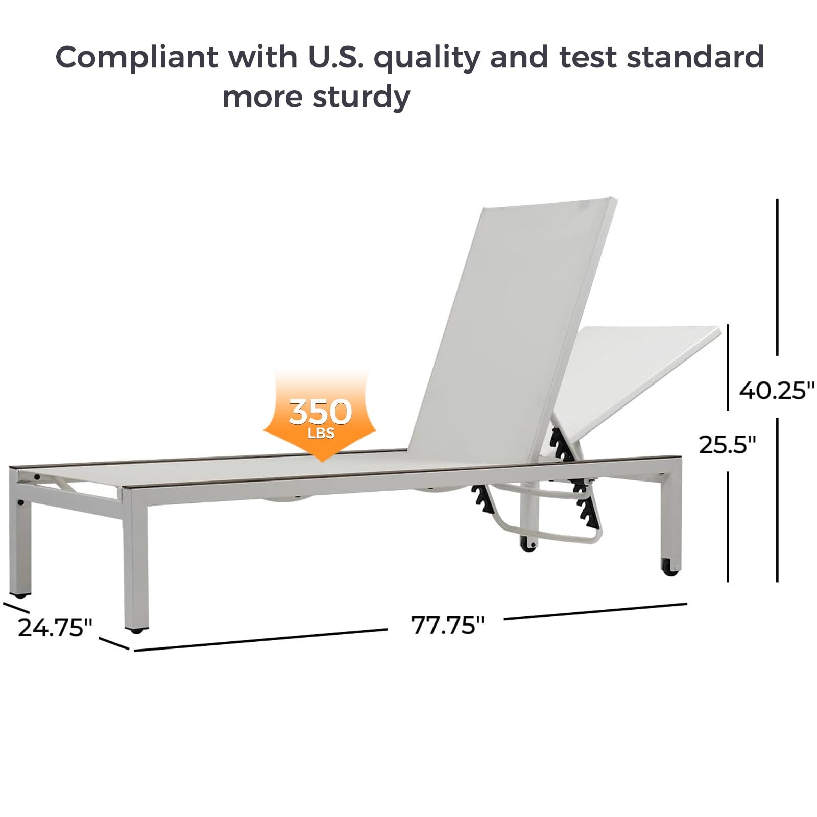 Grand patio Outdoor Chaise Lounge Set of 2 Mesh Sling Lounge Chairs with Woodgrain Texture, Portable Wheels & 4 Adjustable Reclining Backrest Positions for Poolside Beach White 2PCS