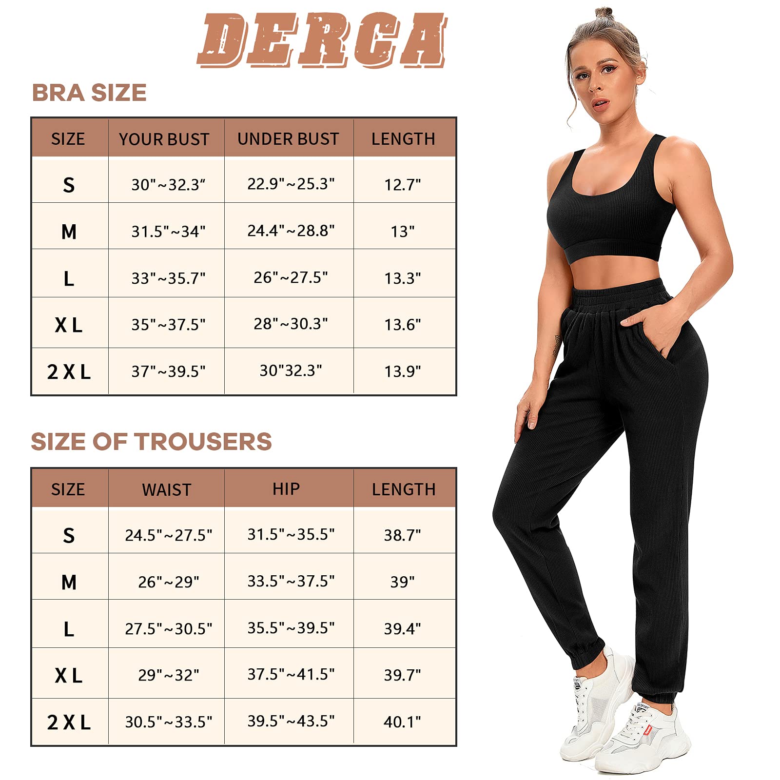 DERCA Two Piece Workout Outfits for Women Jogger Sweatpants Sets with Pockets Ribbed Sports Bra Gym Activewear (#1 Black,Medium)