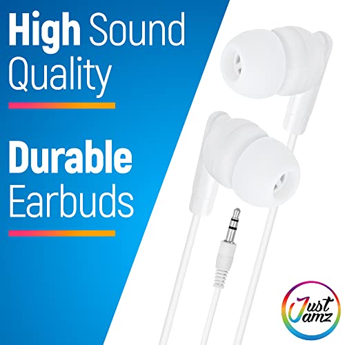 JustJamz Bulk Earbuds 100 Pack | Basic Ear Bud, Pearl White in-Ear Earbuds, Disposable Headphones, Class Set of Earphones for Students, Class, School, Kids, Classroom & Library