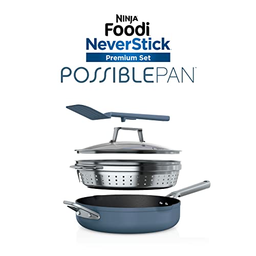 Ninja CW102BL Foodi NeverStick PossiblePan, Premium Set with 4-Quart Capacity Pan, Steamer/Strainer Basket, Glass Lid & Integrated Spatula, Nonstick, Durable & Oven Safe to 500°F, Macaron Blue