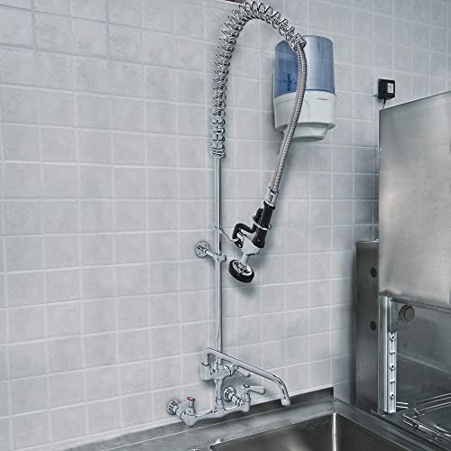 DuraSteel Commercial Kitchen Wall Mount Pre-Rinse Faucet, 38" Height 8" Center with Coiled Spring Pull Down Sprayer, Brass Constructed Polished Chrome Body, 1 Set