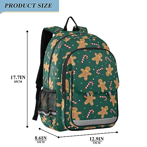 JHKKU Gingerbread Man Candy Cane School Backpack for Boys Girls Portable Wide Shoulder Strap Elementary School Bag Lightweight Travel Daypack with Reflective Strip