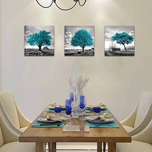 Canvas Wall Art for Bedroom Black and White Farmhouse Rustic Country Landscape Teal Trees Picture Wall Decor Modern Framed Artwork 3 Pieces