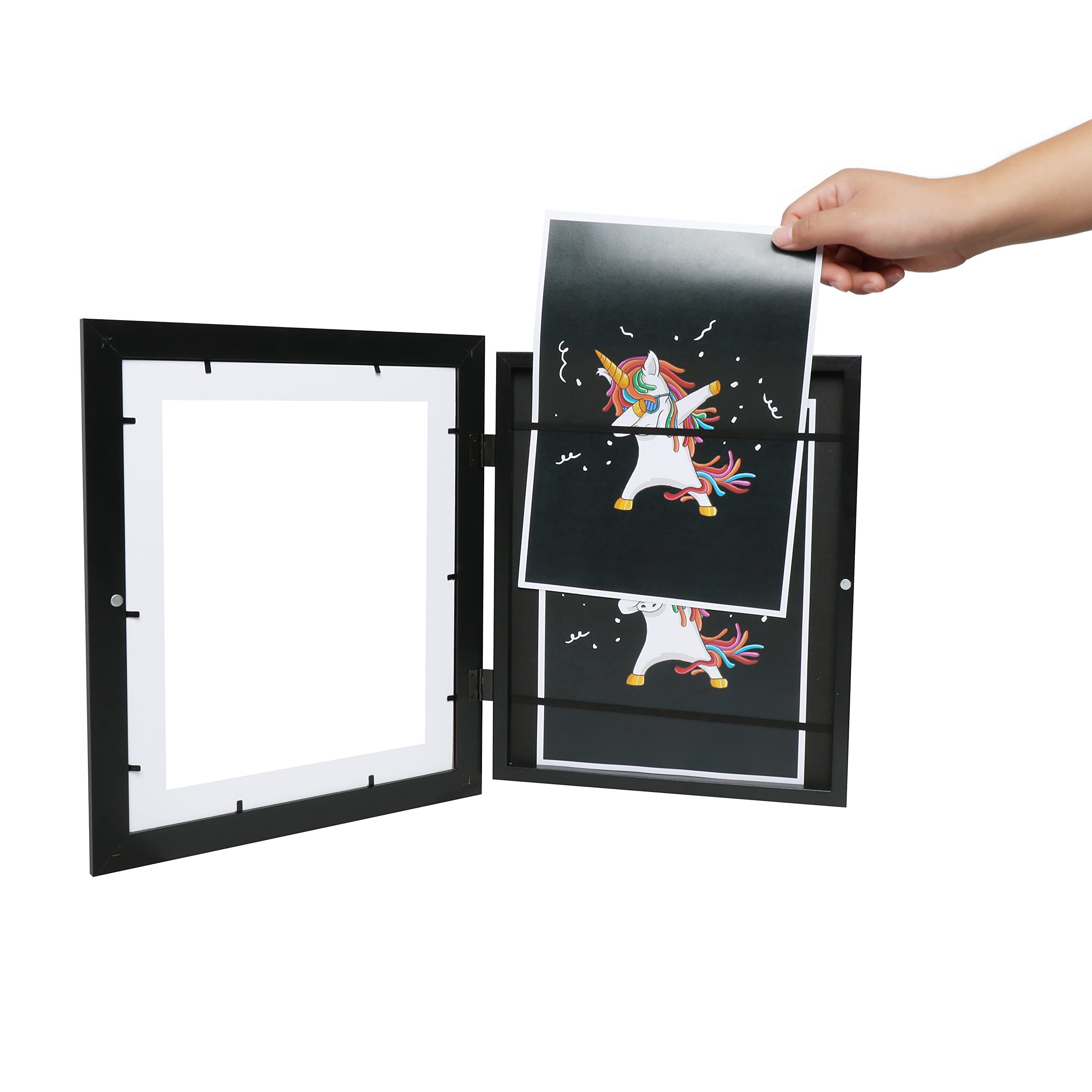 FrameWorks 10β x 12.5β Black Wooden Kid Art Frame with Gallery Style Edges, Tempered Glass, and Elastic Straps