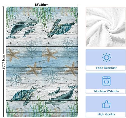 Kitchen Towels Sea Whale Starfish Absorbent Tea Towel Soft Hand Dish Towel Rustic Wood Ocean Compass Blue Reusable Washable Cleaning Cloth Bath Towels for Bathroom Bar for Everyday Cooking (Pack of 1)