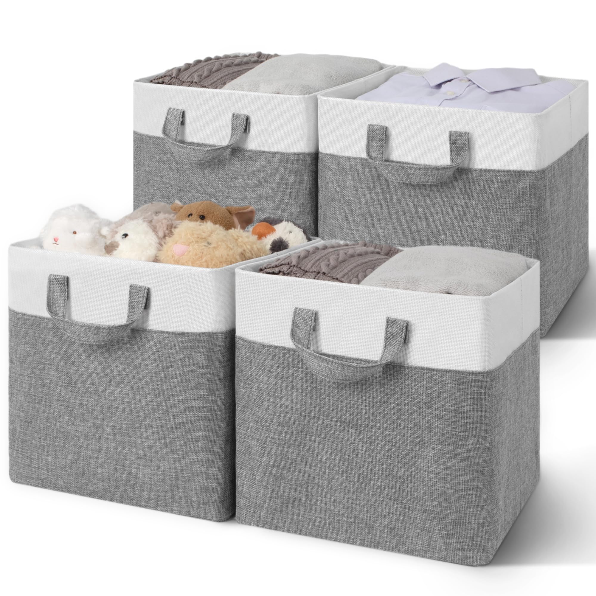 GRANNY SAYS 12x12 Storage Cubes, Cube Storage Bins with Metal Frame, Foldable Cube Storage Organizer, Closet Storage Baskets, Storage Cube Bins, Storage Bins for Shelves, White&Gray, 4 Pack