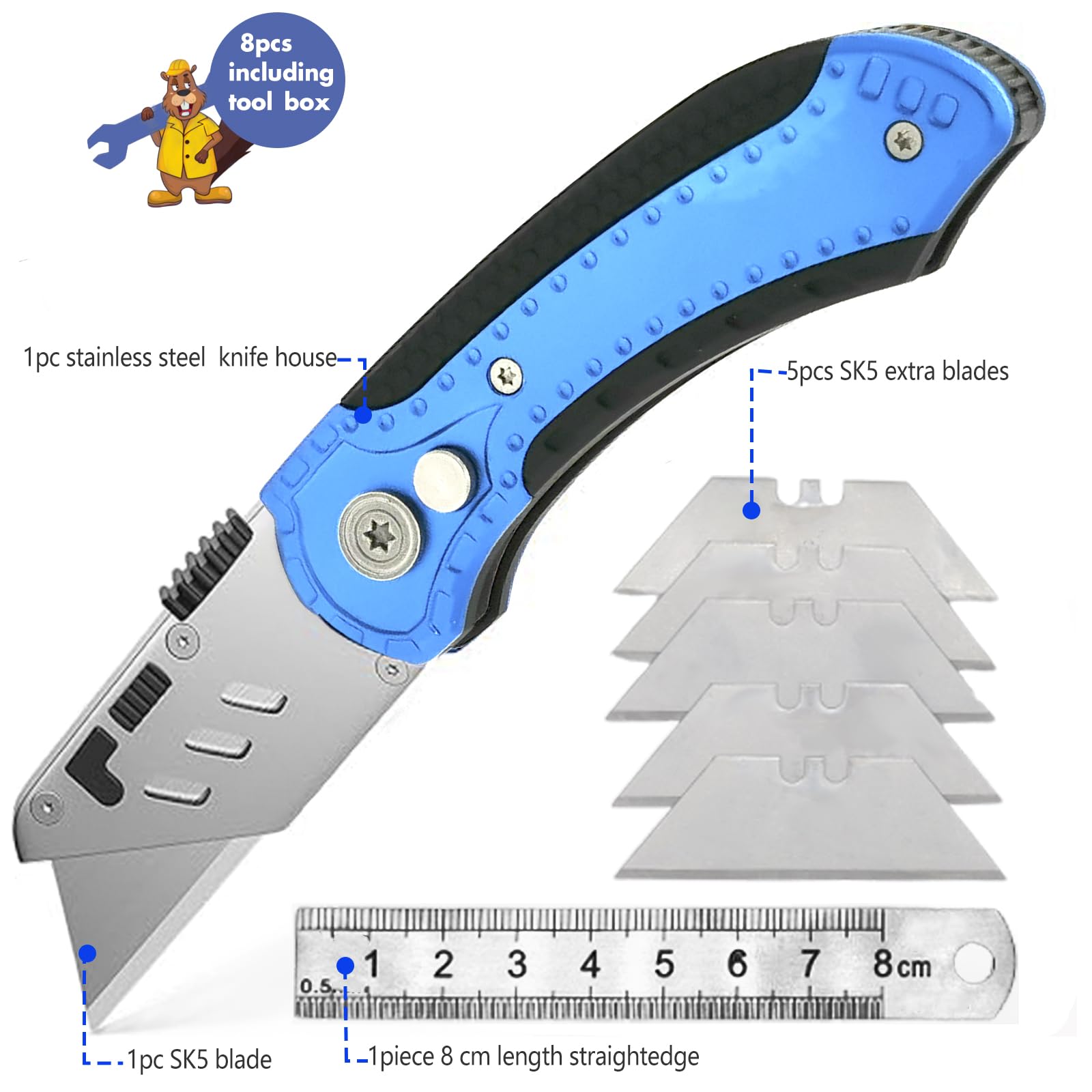 Folding-Utility-Knife Work-Knife Retractable-Folding-Box-Cutter Construction-Knife-Box-Opener - Razor-Knife with 5 Extra Blades for Cartons Cardboard and Boxes