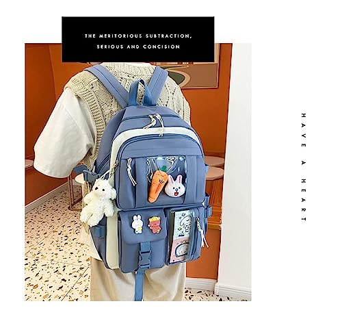 JHTPSLR Kawaii Backpack Set of 5 with Pins and Accessories Bunny and Carrot Plushies Cute Aesthetic Display Window Backpack Set (Blue)