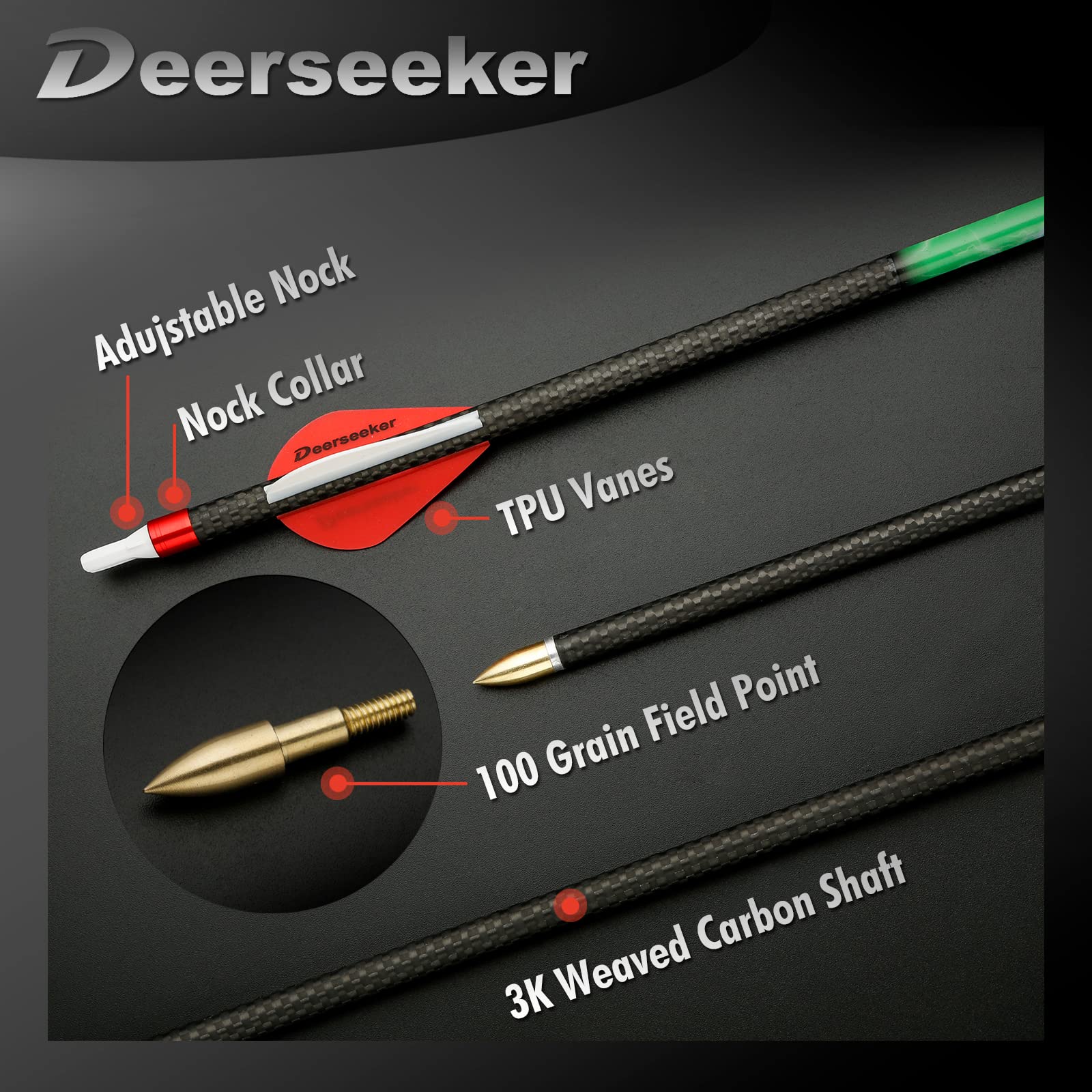 Deerseeker Archery 31inch Compound Hunting Arrows Carbon Weave with Removable Tips for Recurve Bow Traditional Longbows Target Shooting Practice 6-Pack Spine 300