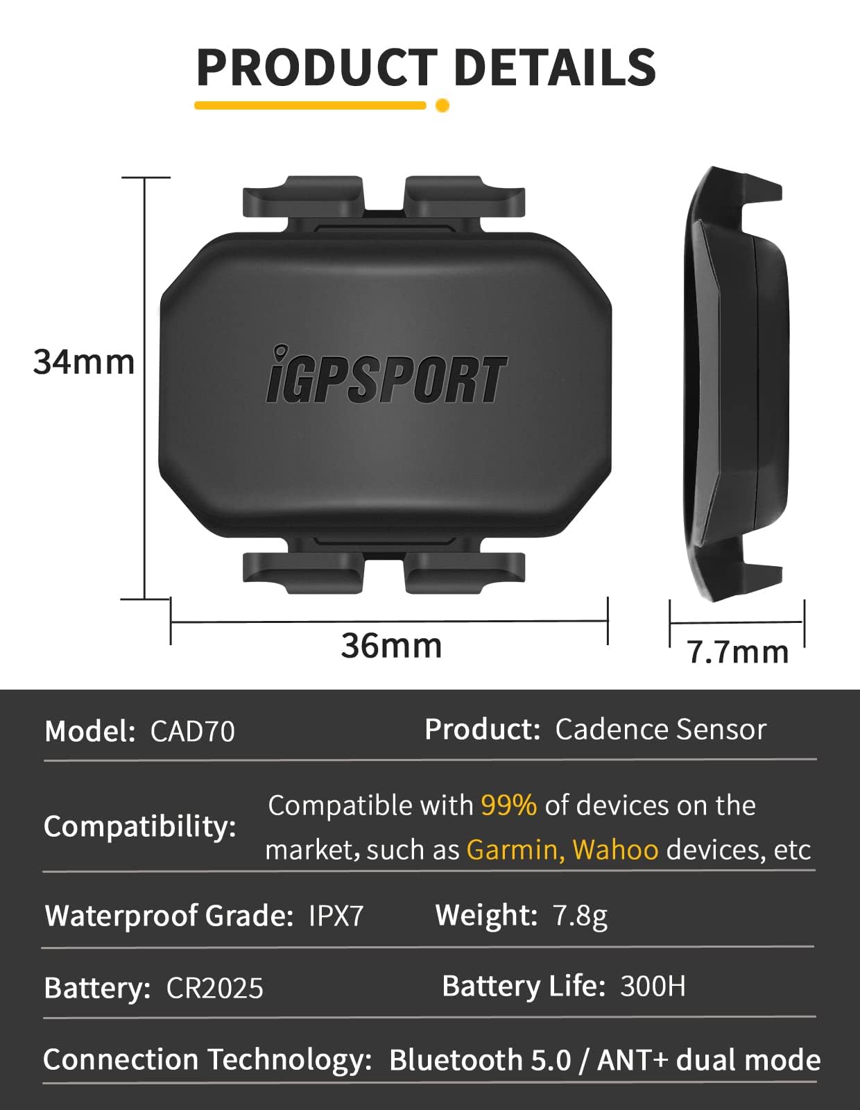 Cadence Sensor CAD70 for SmartWatch Cycling Computer Compatible with Garmin Bryton Polar Wahoo