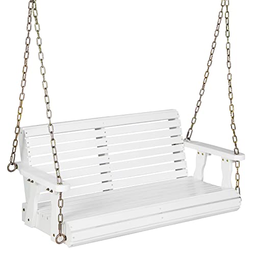 Giantex Wooden Porch Swing 2 Seat - Outdoor Swinging Chairs with Hanging Chains, 600 lbs Weight Capacity, 4 FT Finished Fir Wood Bench Swing for Patio, Outside, Garden, Lawn, Backyard (White)